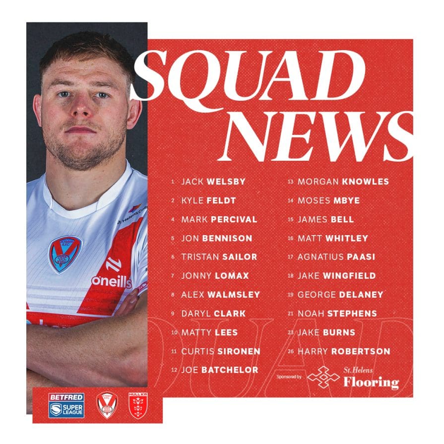 St.Helens 21-man squad that will host Hull KR | St.Helens R.F.C.